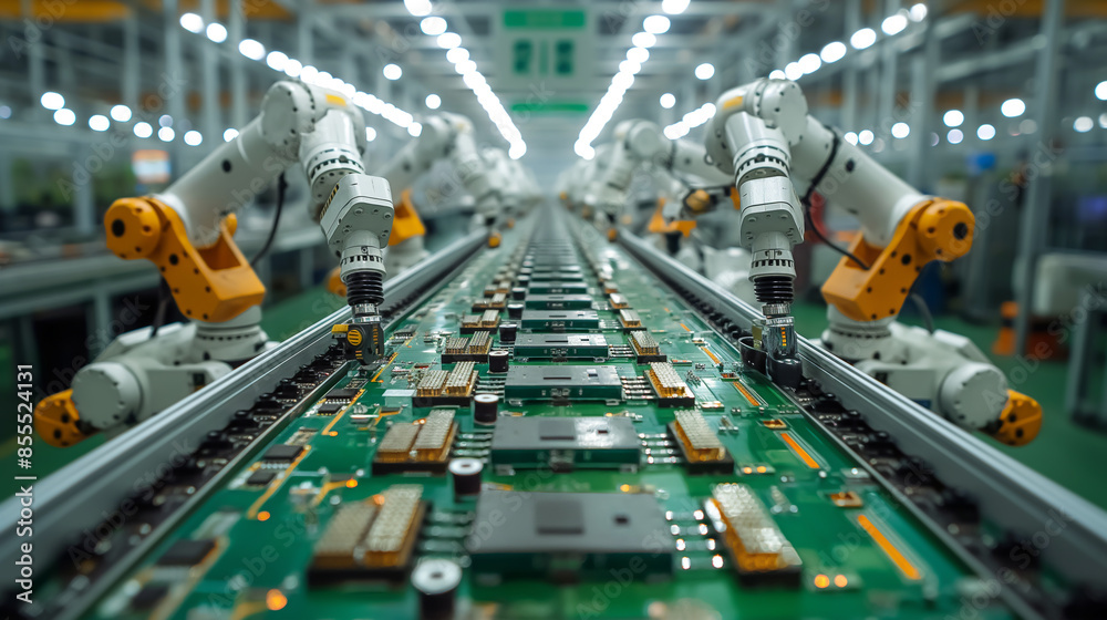 Factory Overview: Show an aerial view of the entire electronics factory ...