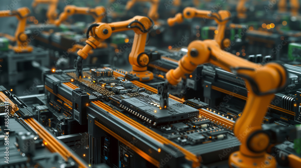 Factory Overview: Show an aerial view of the entire electronics factory ...