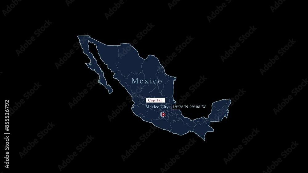 Blue stylized Mexico map with capital city and geographic coordinates ...