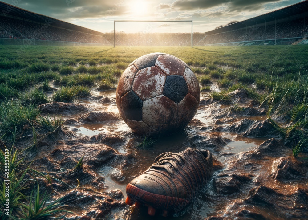 SOCCER BALL AND SHOE FULL OF MUD ON A SOCCER FIELD AFTER A GAME Stock ...