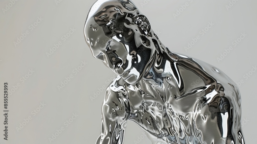 A gloss silver mannequin of a isolated and depressed sad man , melting ...