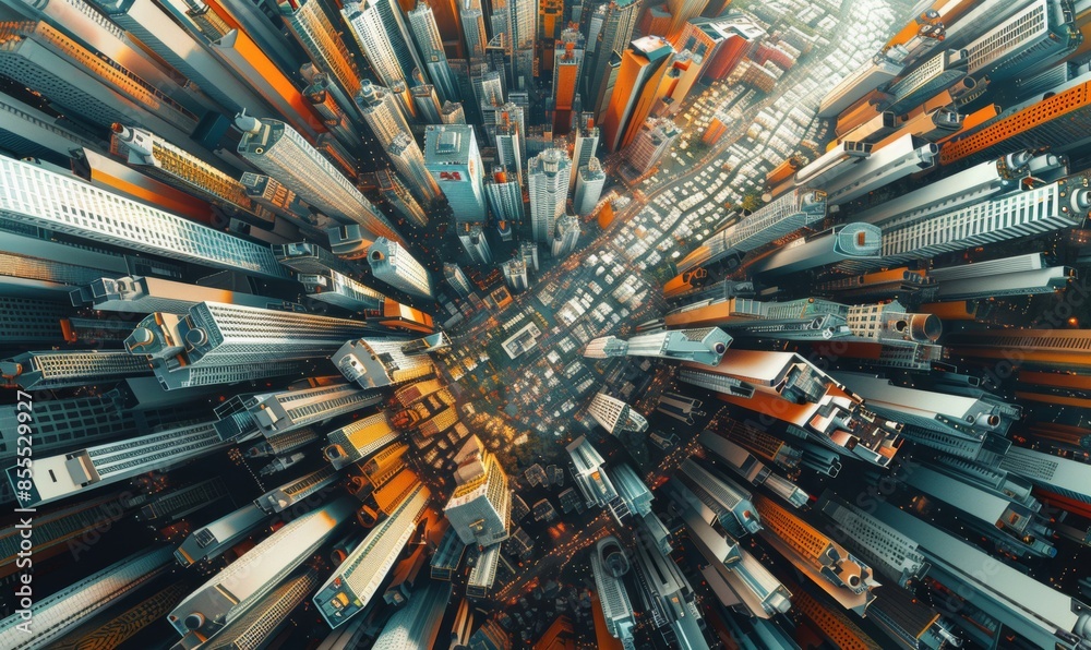 A futuristic holographic projection shows a sprawling metropolis from ...