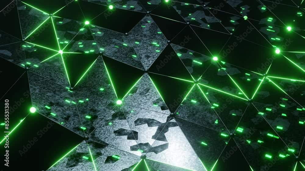 scifi plexus animation with glowing green triangles,metallic plexus ...