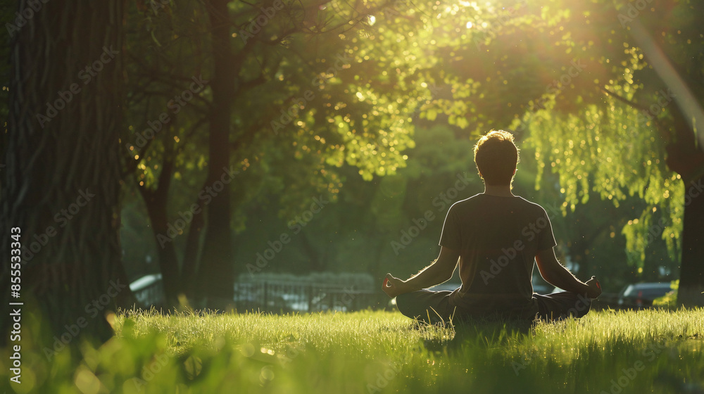 Man finding inner peace, meditating amidst the green serenity of a ...