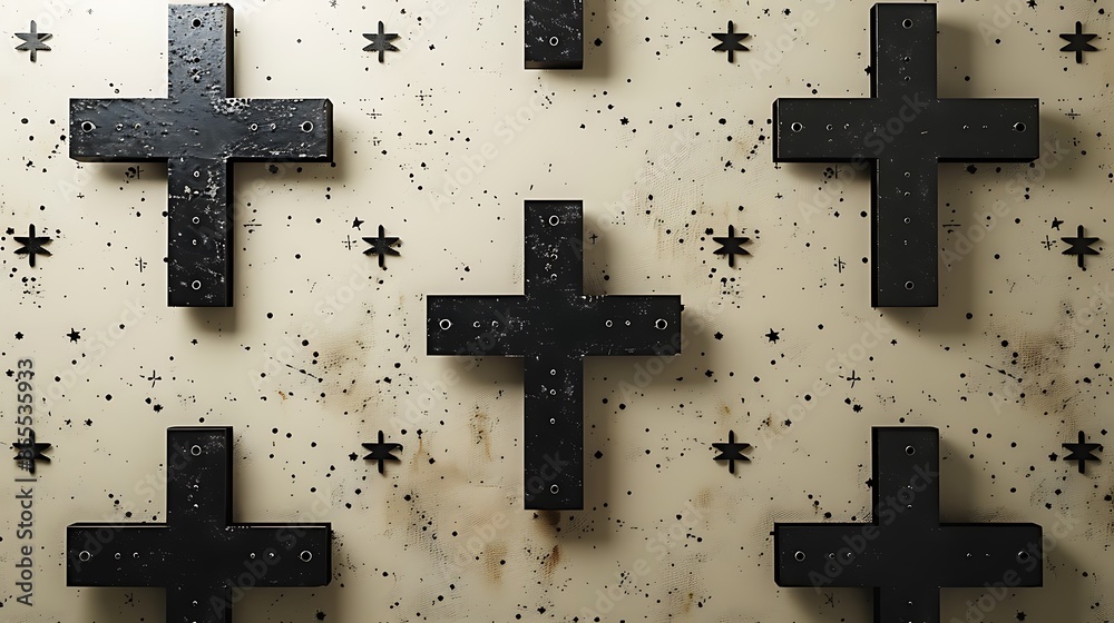 An abstract scene of minimalist crosses in a repeating grid pattern ...