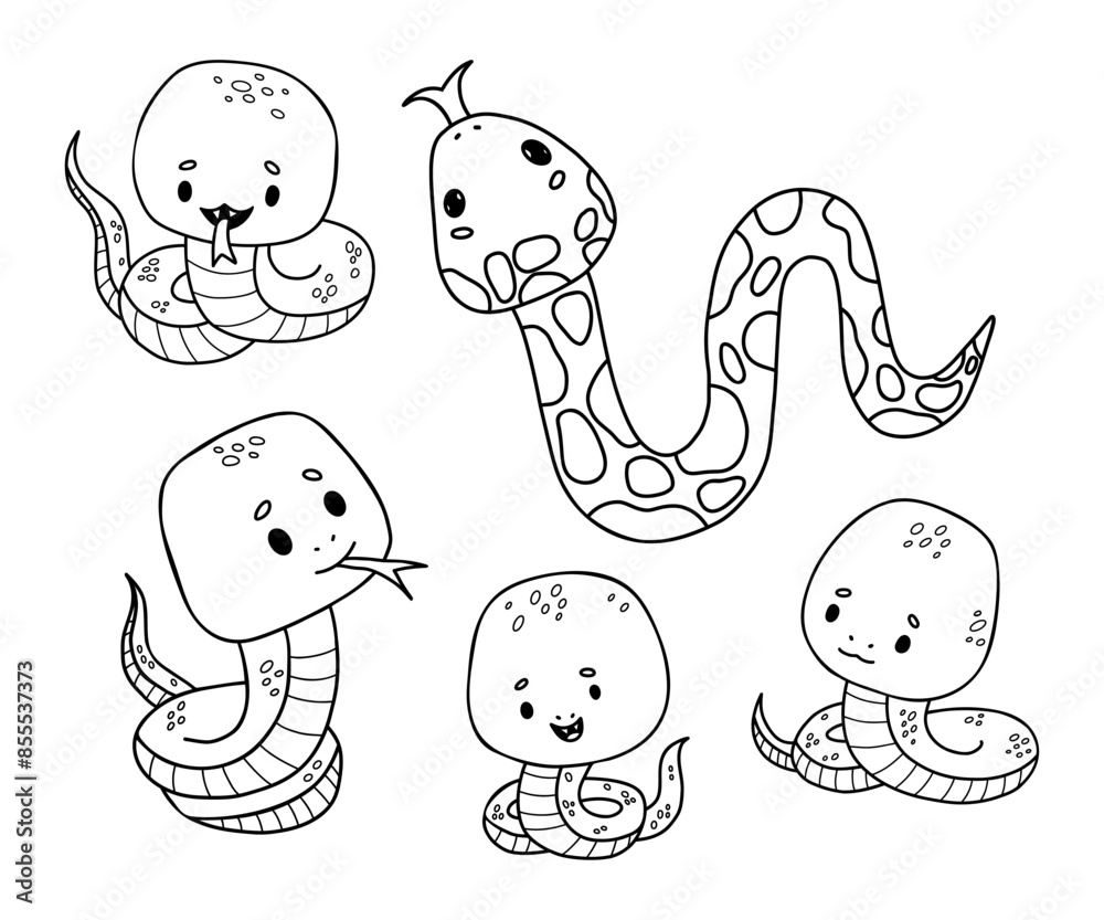 Snake collection. Cute outline reptile character in doodle style ...