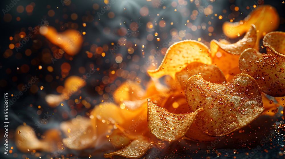 A handful of perfectly seasoned potato chips launched into the air ...