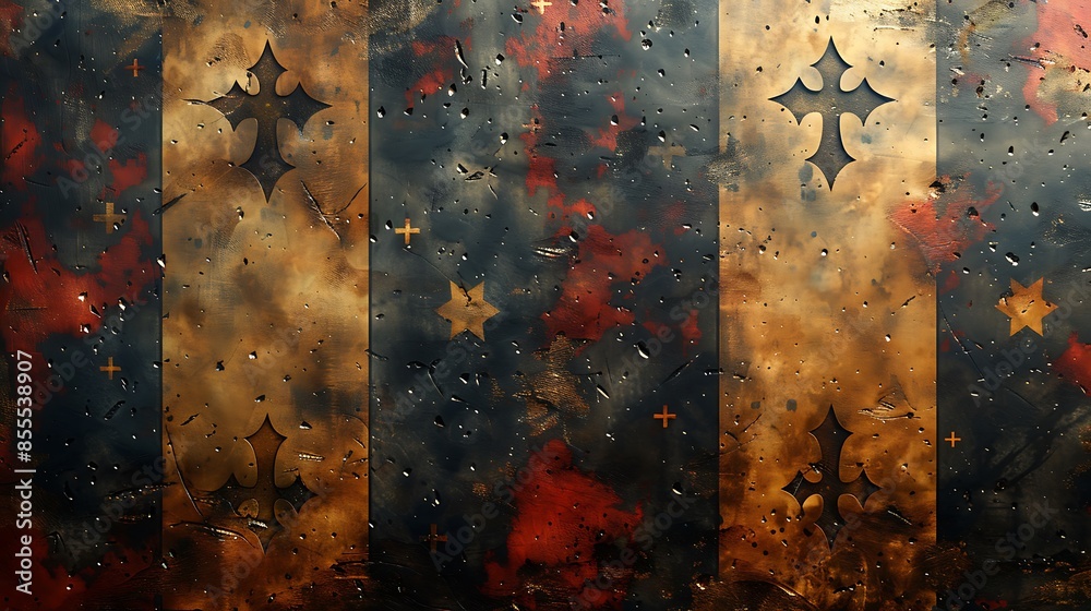 Cross patterns overlaying an ancient manuscript texture, evoking a ...