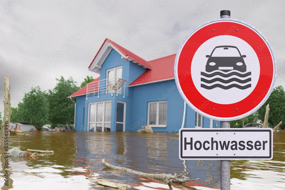 3d Illustation - Schild - Unwetter - Hochwasser - Überschwemmung - Haus - Überflutung ...