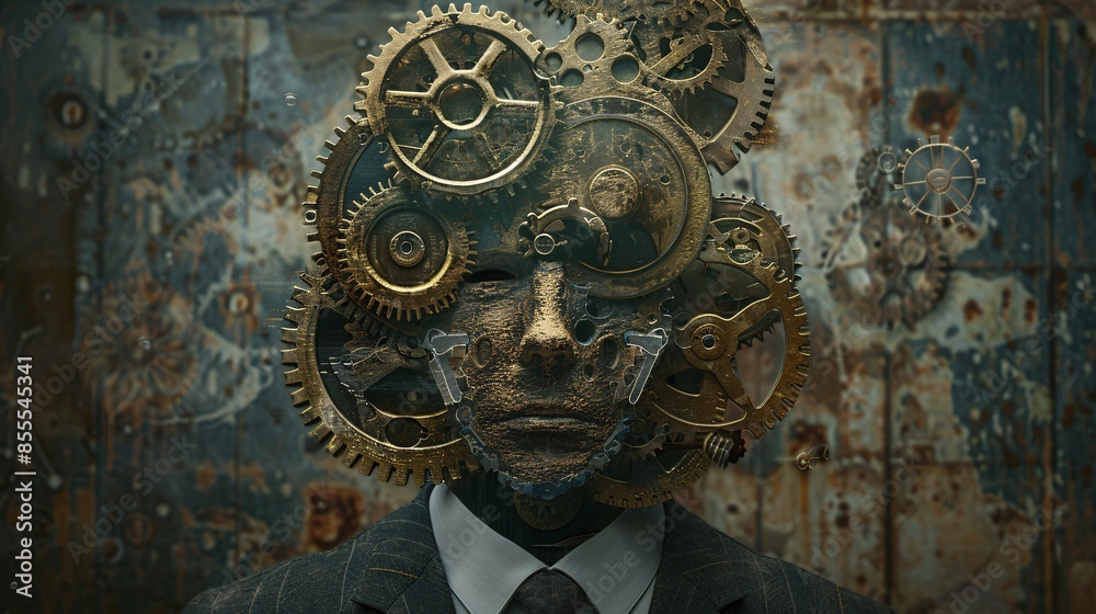 a man with a gear-shaped head, his face blank and gears in motion ...