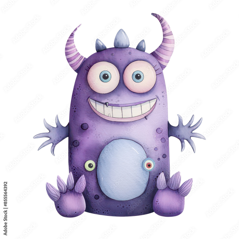 A friendly purple monster with big eyes, a toothy grin, and spiky horns ...
