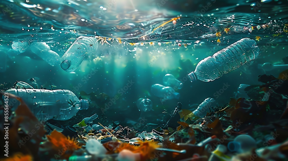 Plastic bottles and debris litter the ocean floor, a stark reminder of ...