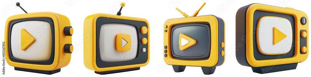 Set of Tv With Play Button Yellow and Black isolated on transparent png ...