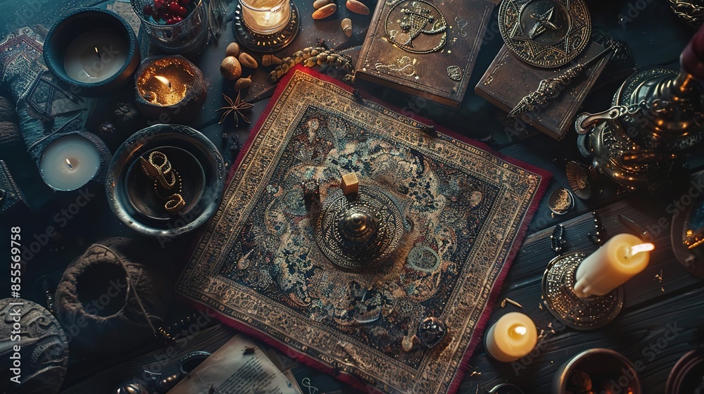 Top View, fortune teller's parlor with mystical objects and decorations ...