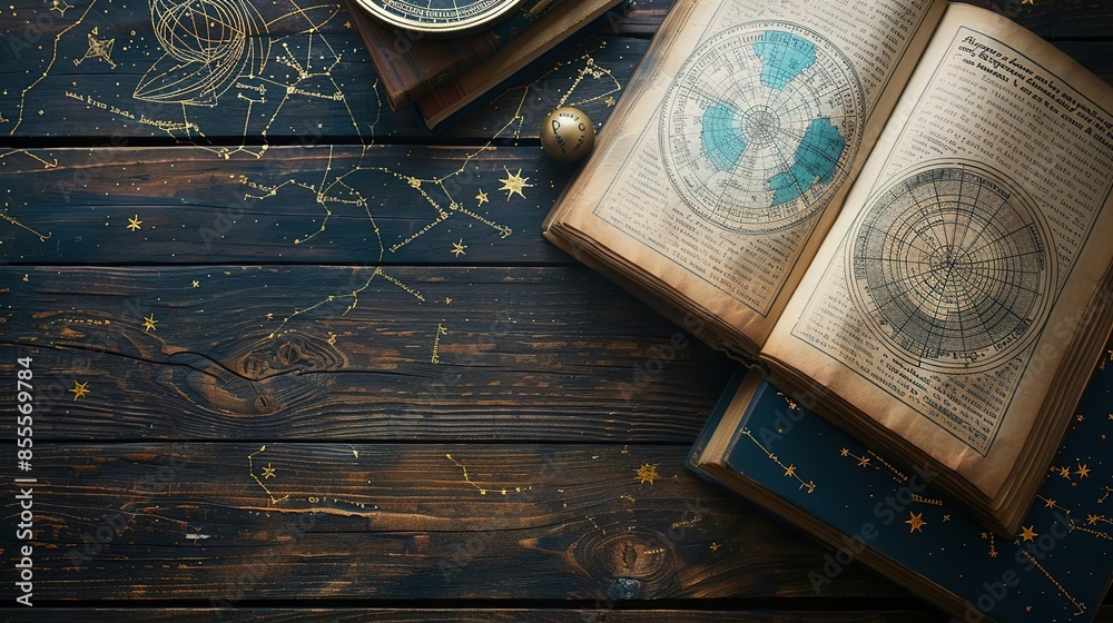 Top View, table with astrology books and charts, zodiac signs ...