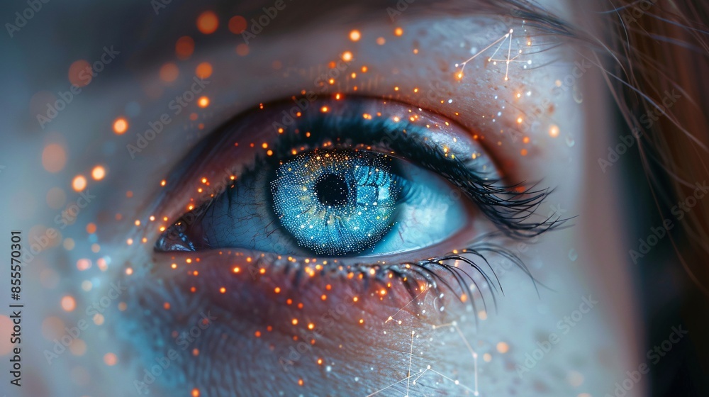 an eye with AI digital connections and data points, illustrating the ...