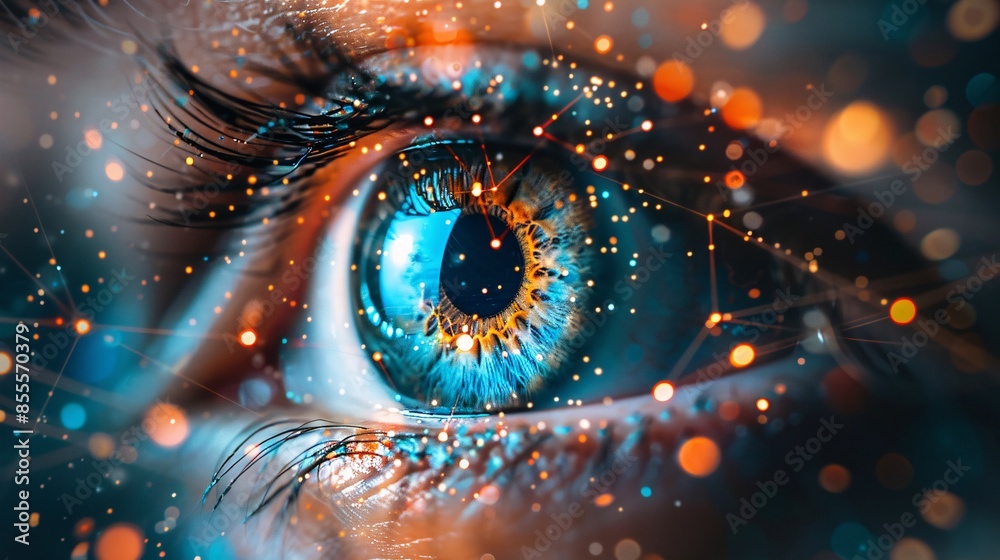 an eye with AI digital connections and data points, illustrating the ...