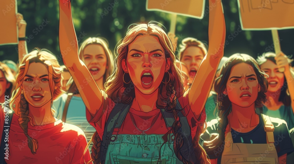 Anime illustration of of Women at a protest - An intense scene of women ...