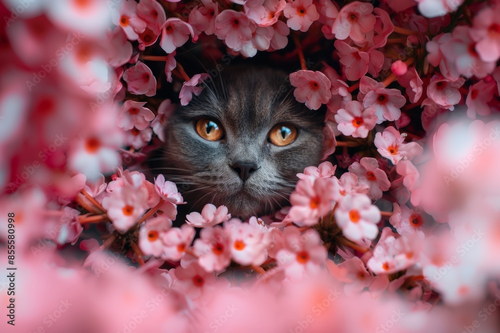 Devoted look of a cat. Cat's face surrounded by a bunch of pink flowers ...
