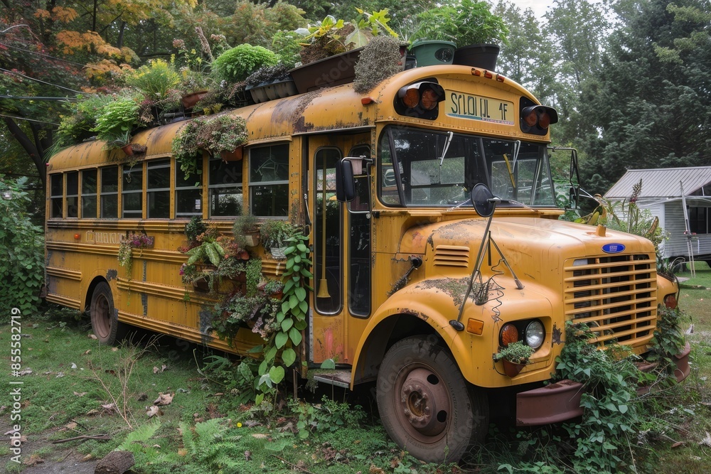 An abandoned school bus covered in lush green plants, transformed into ...