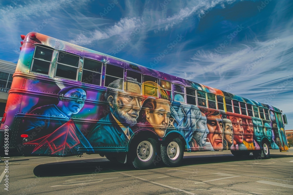 A school bus adorned with vibrant paintings of renowned scientists on ...
