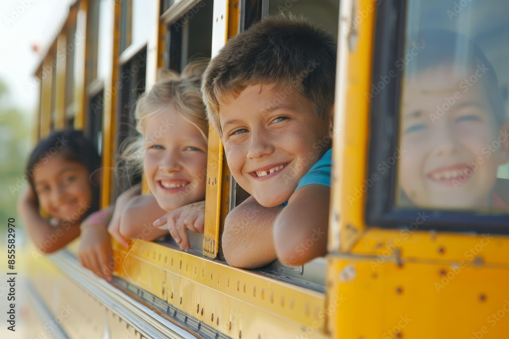 Happy children leaning out of windows on a school bus, A school bus ...