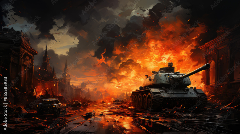 Tank as a defense mission. Explosion and destructions caused by war ...