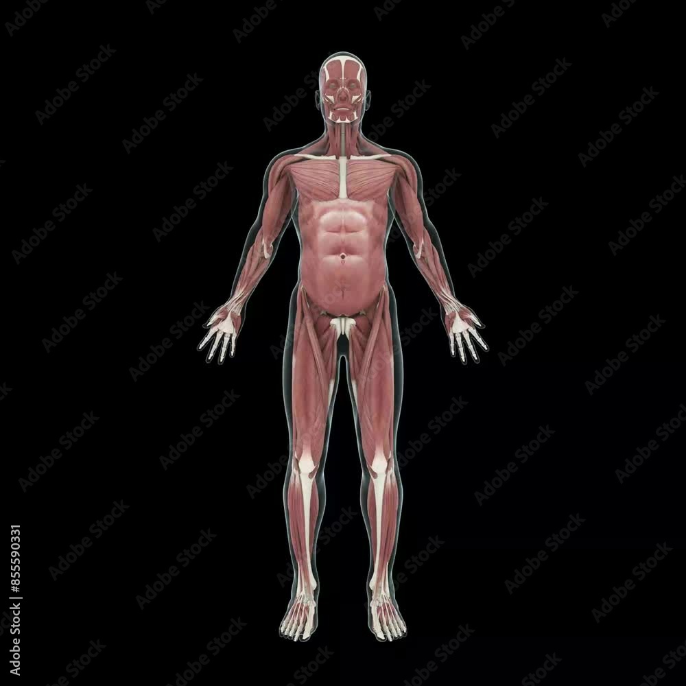 This video shows a detailed 3D model of the human male muscular system ...