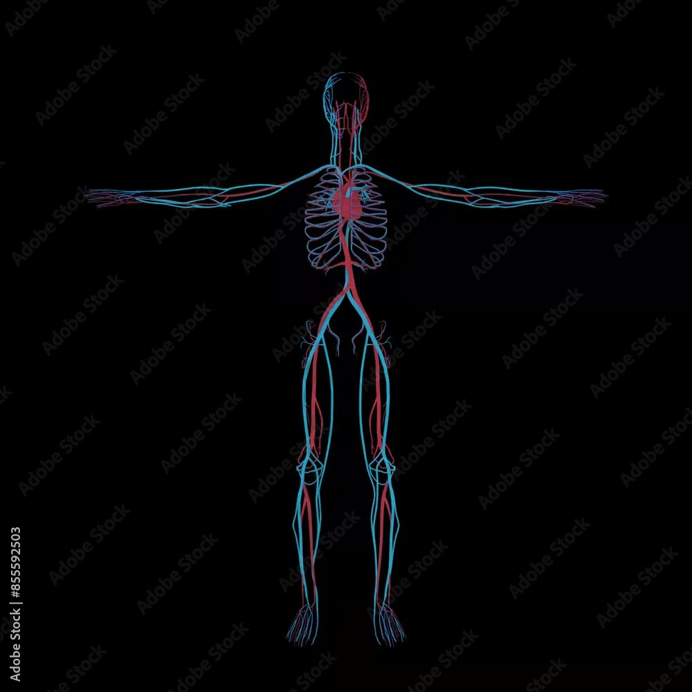 A 3D animation of the human circulatory system, showing the arteries ...
