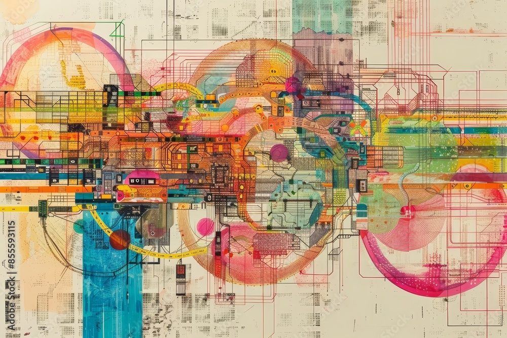 Complex circuit diagrams interwoven with various vibrant colors and ...