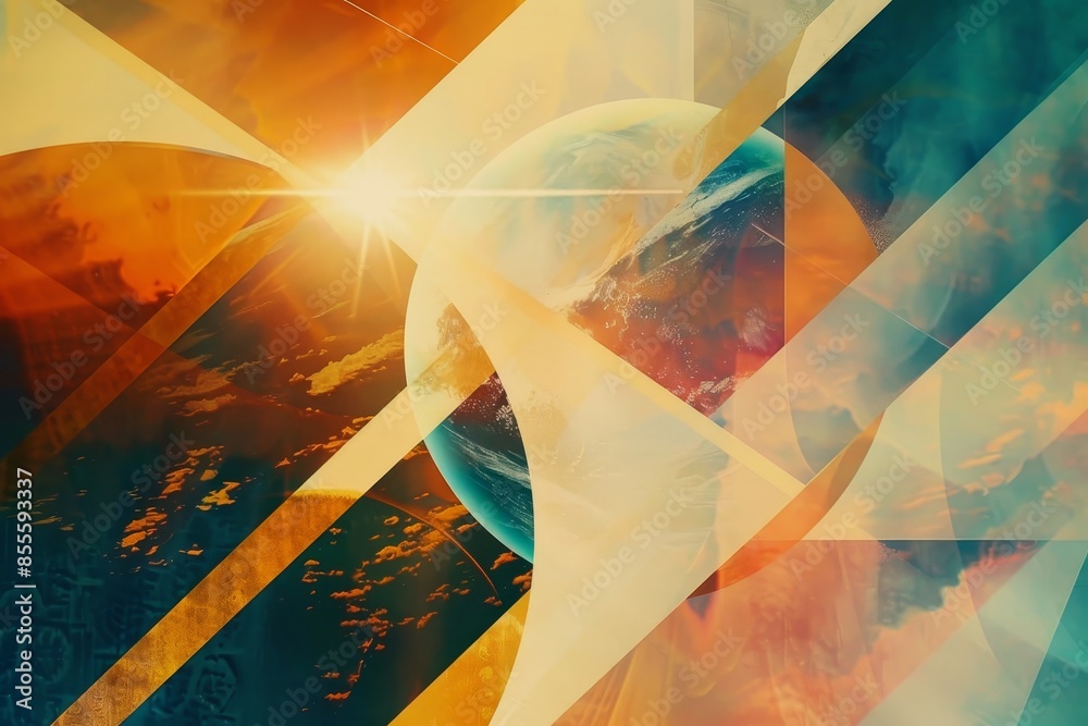 Earth surrounded by sun rays in the background, A series of geometric ...