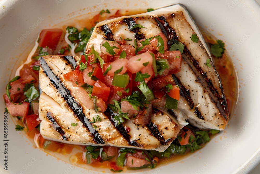 Close up photo of a grilled swordfish fillet with pico de gallo on top ...