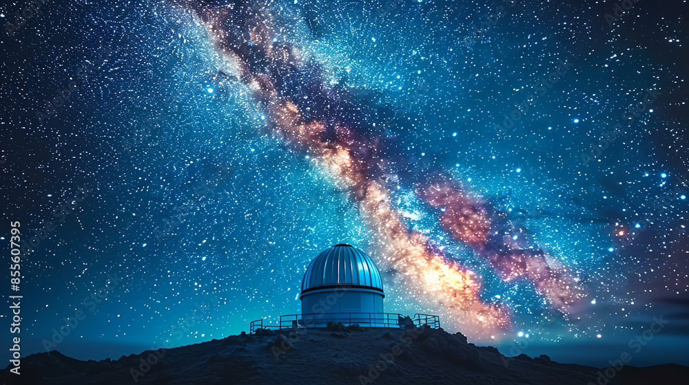 observatory under the stars of the night sky. Blue sky with hundreds of ...