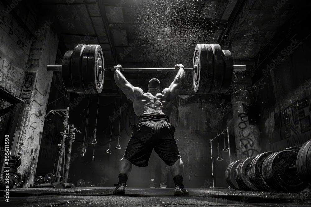 A man exercises by lifting a heavy barbell in a gym setting, A strong ...