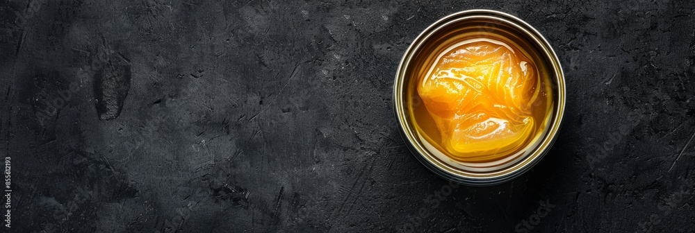 An overhead shot of an open can of tuna fillet in olive oil. The can is ...