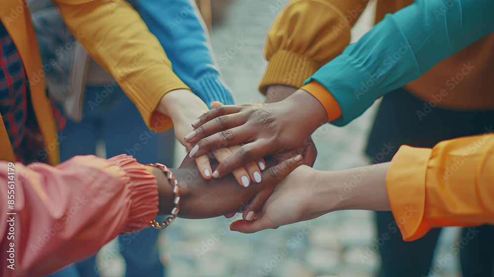 People of all colors holding hands, inclusive business mindset values ...