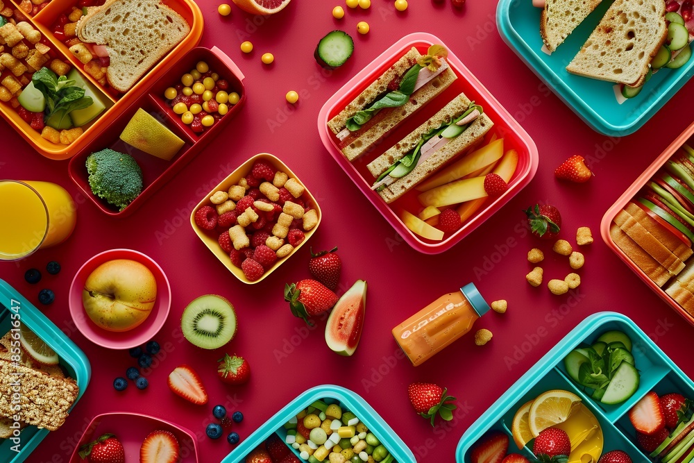 Vibrant and colorful lunch boxes filled with delicious school food ...
