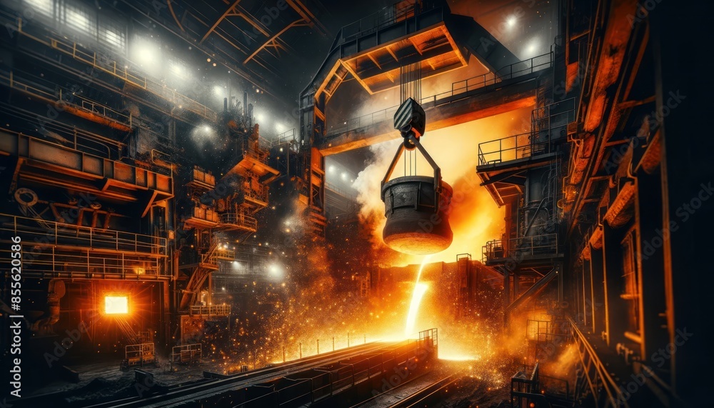 industrial foundry scene, featuring a large crane-operated ladle ...