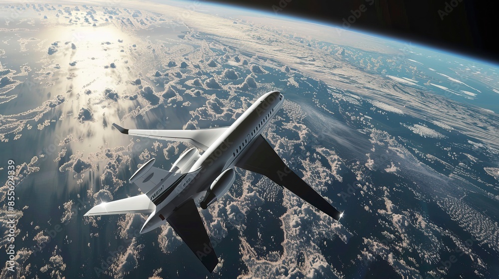 Realistic photo of White Luxury generic design private jet flying over ...