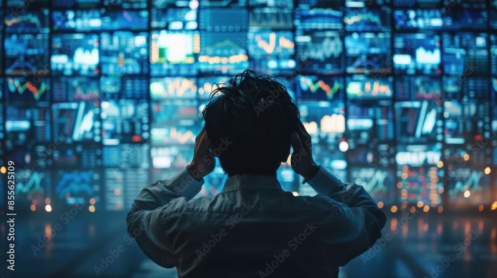 Individual overwhelmed by multiple digital screens displaying social ...