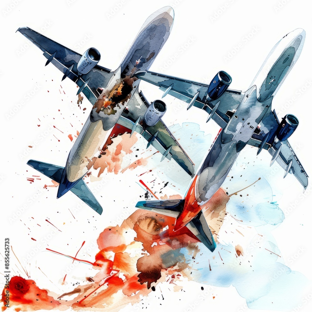 Watercolor painting of two airplanes colliding in mid-air, with wings ...