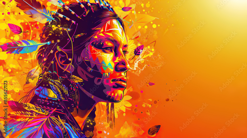side view native american girl with colorful face paint against yellow ...