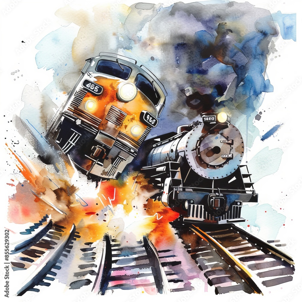 Watercolor painting of two speeding trains colliding head-on in a ...