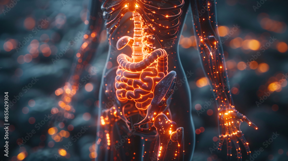 A human body silhouette with a highlighted digestive system, glowing ...