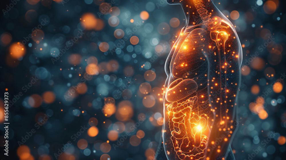A human body silhouette with a highlighted digestive system, glowing ...