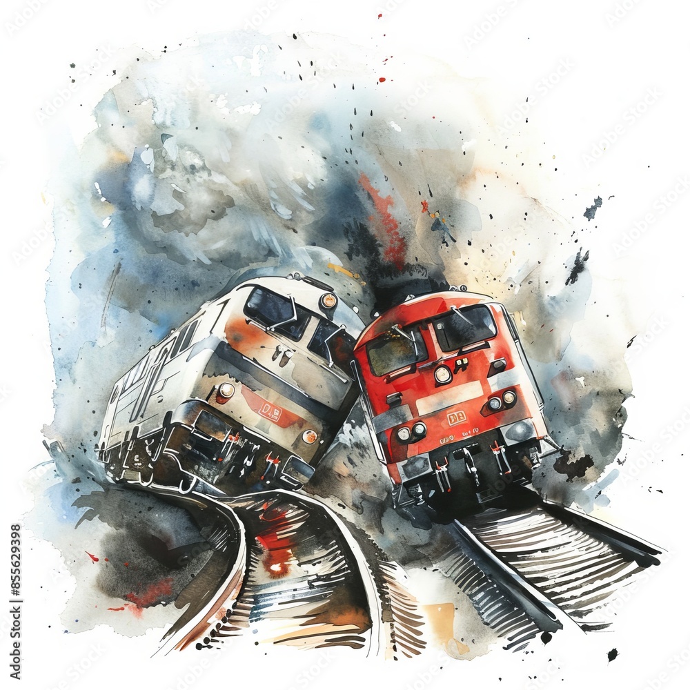 Watercolor painting of two speeding trains colliding head-on in a ...