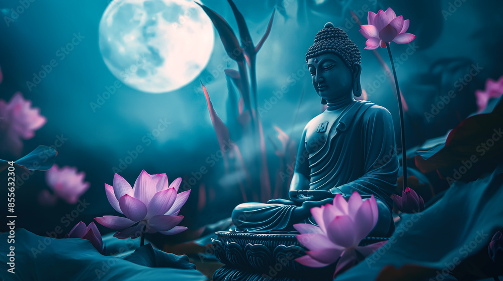 Buddha statue mediating with Lotuses and reflection. Magha Puja, Asanha ...