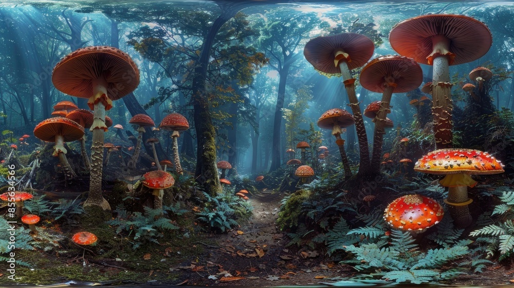 Surreal fantasy forest mushrooms in HDRI equirectangular projection for ...