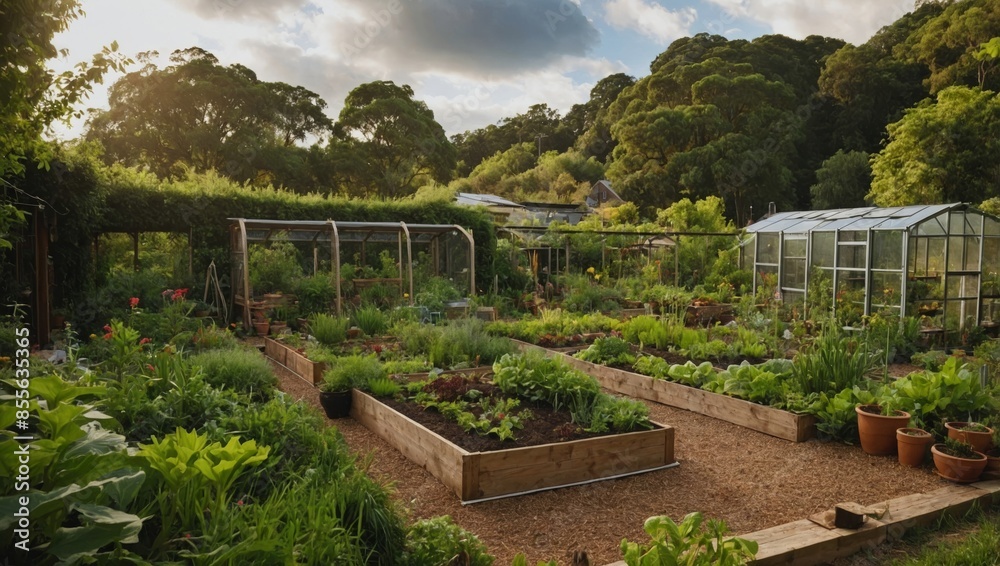 permaculture garden showcasing a diverse range of plants and ...