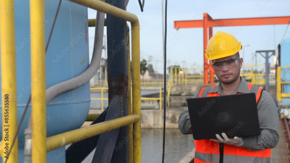 an engineer stand beside the blue water tank and point his finger ...